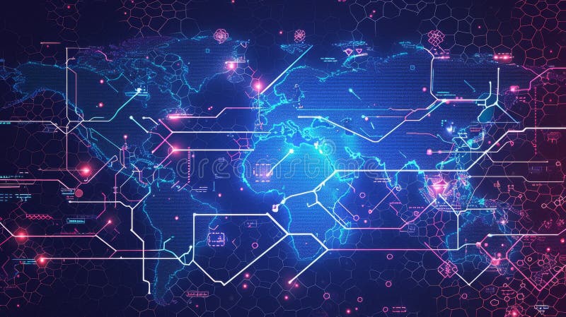 Neon Cyber Map with Data Connections Stock Image - Image of bright ...