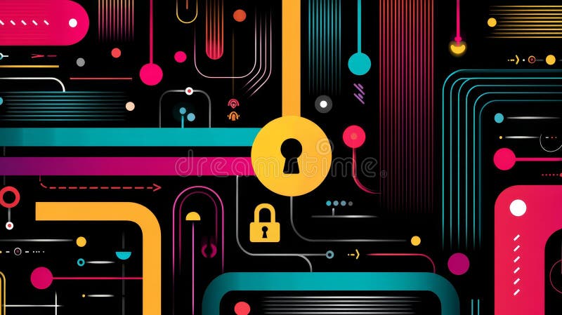 Vibrant Cyber Security Network with Central Keyhole and Padlock Icons ...