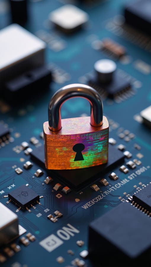 Vibrant Cybersecurity Padlock Symbol Over a Complex Circuit Board ...