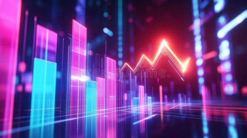 Vibrant 3d Bar Graph with Neon Glow and Rising Line Arrow Stock ...