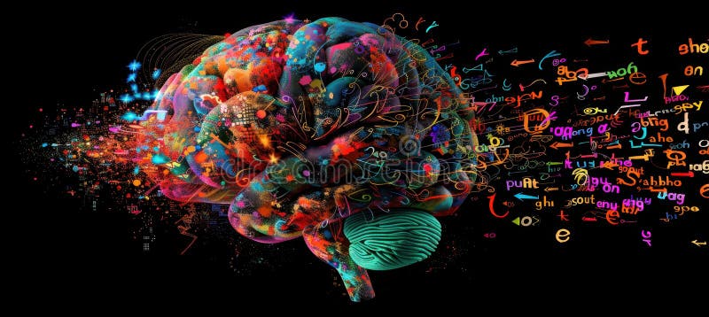 Vibrant 3D Brain Visualization with Floating Symbols Representing ...