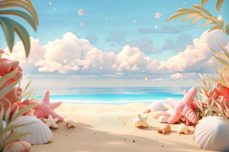 3D Cartoon Beach Scene: Starfish and Seashells on Sandy Shore for ...