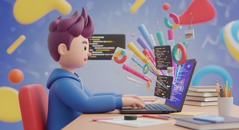 Vibrant 3D Cartoon Character Coding on Laptop with Colorful Digital ...