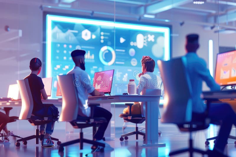 3D Cartoon Tech Team Discussing Software Development in a Modern Office ...