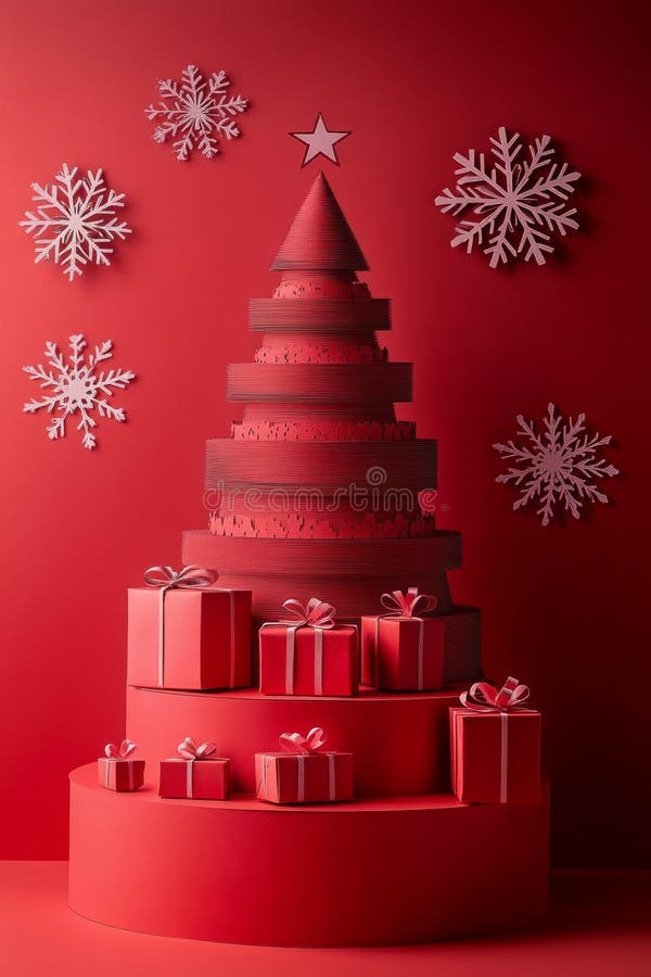 A Vibrant 3D Christmas Display Featuring a Green Tree and Presents on a ...