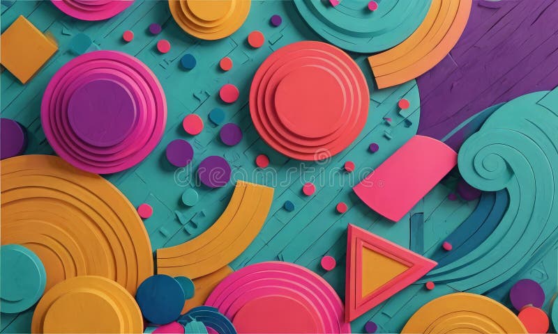 Vibrant 3D Collage Features Overlapping Circles, Triangles, and Other ...