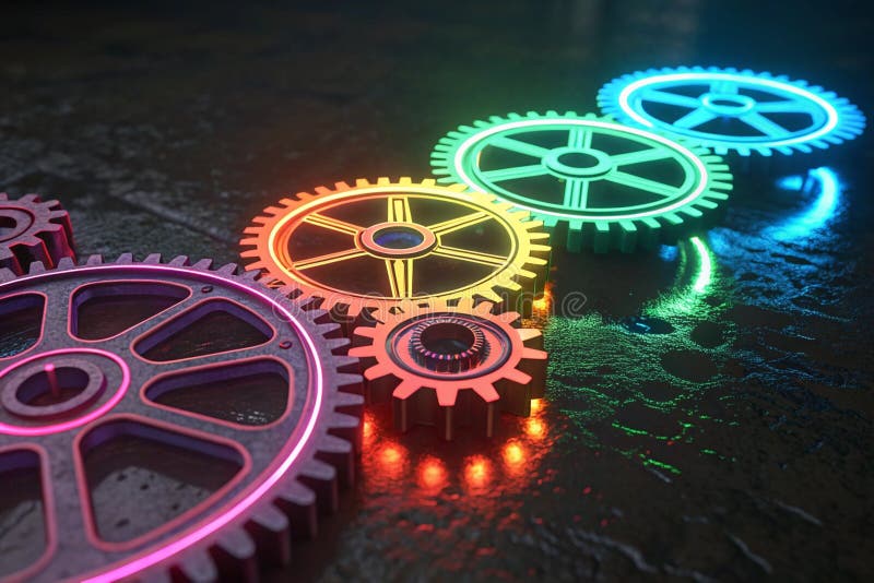 Vibrant 3D Gears Glowing with Neon Lights on a Dark Reflective Surface ...