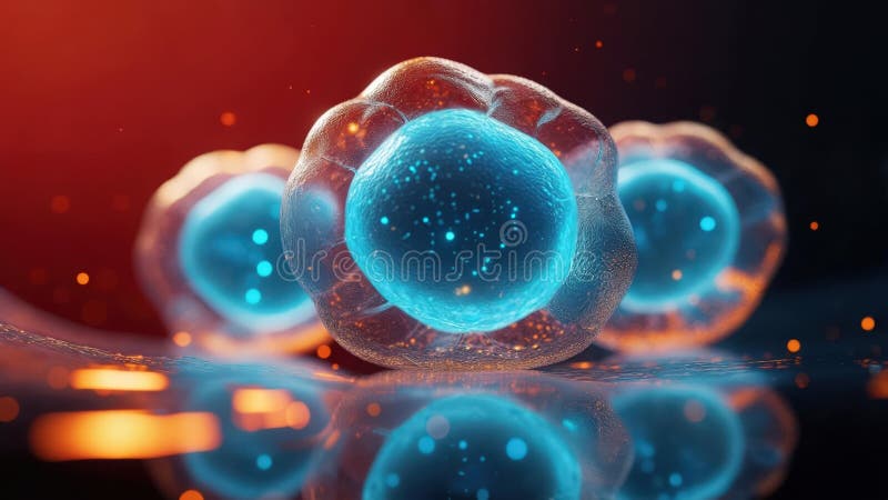 3D Illustration of Glowing Blue Cells with Nucleus on a Dark Background ...