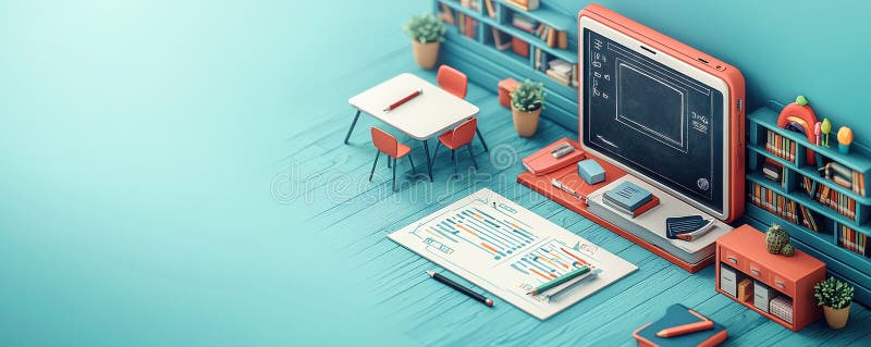 Colorful 3D Illustrated Workspace with Computer, Smartphone, and ...