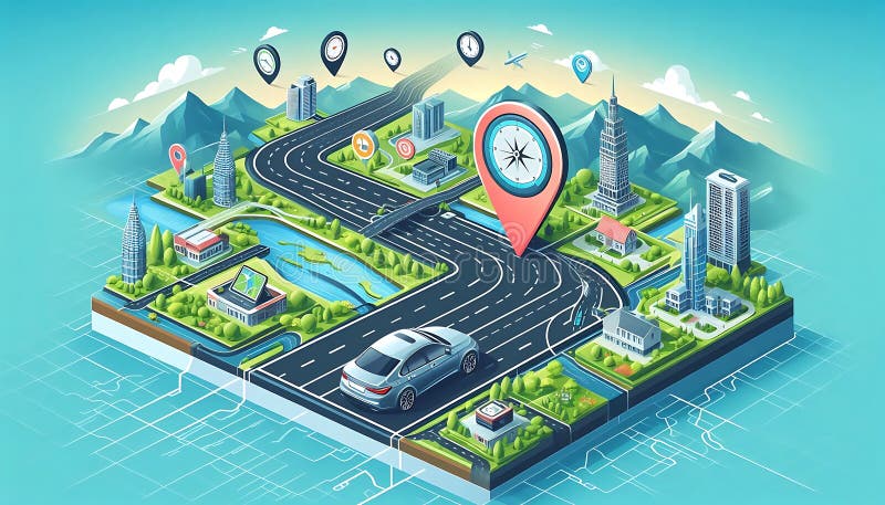 Urban Navigation System with Car in 3D Map View Stock Illustration ...