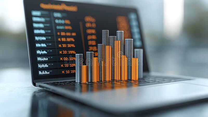 Vibrant 3D KPI Graphs Illustrate Metrics in a Modern Laptop, Showcasing ...
