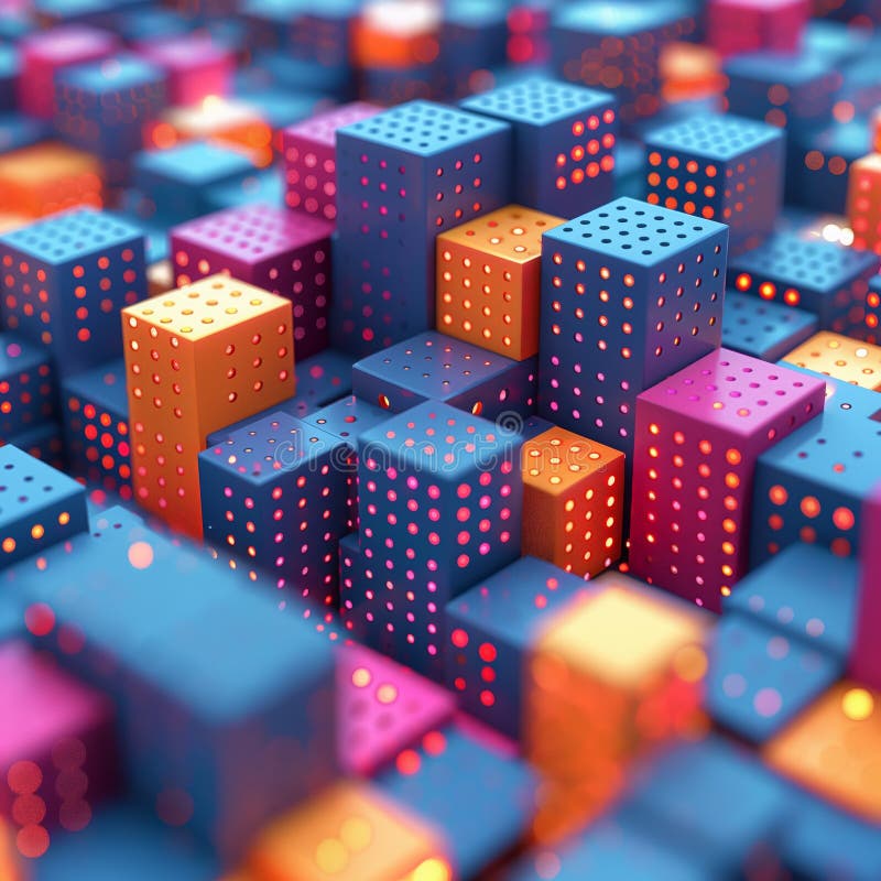 Vibrant 3D Pixel Art Glowing Cubic Structures Blue Orange Pink Stock ...