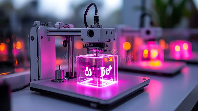 A Vibrant 3D Printer Creating a Glowing Pink Cube in a Modern Workspace ...