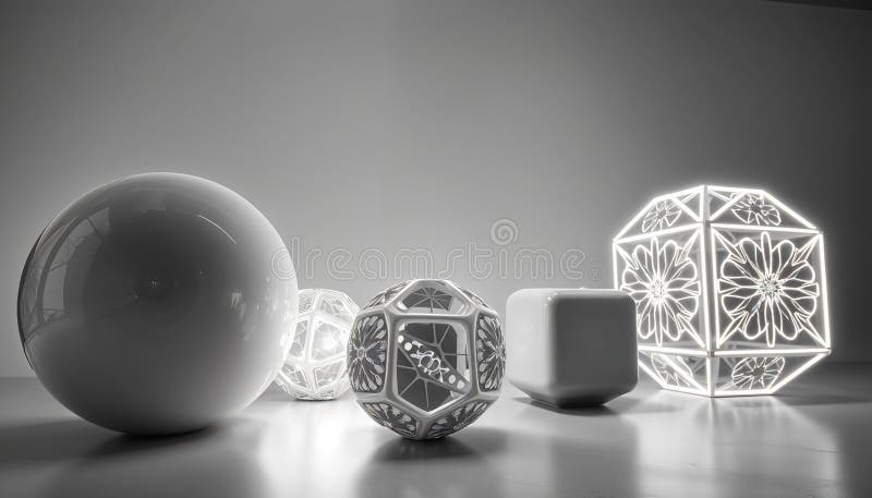 3D Render of Spheres, Balls, and Blocks - Isolated on Light Background ...