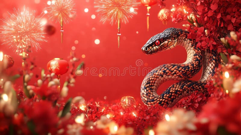 Vibrant 3D Render of Ornate Snake Amidst Red Floral Backdrop Stock ...