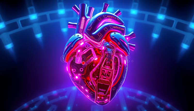 Stylized Heart with Intricate Red Neon Circuitry Illuminated on a Dark ...