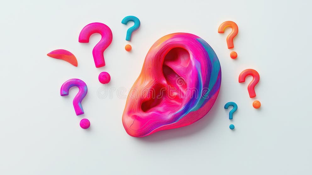 Colorful 3D Ear with Question Marks Hearing Questions Answers Anatomy ...