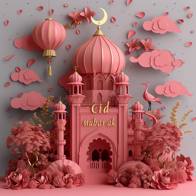 Elegant Pink Eid Mubarak Mosque Scene Stock Illustration - Illustration ...