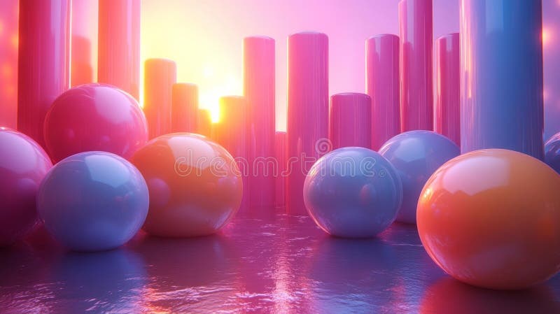 Abstract 3D Scene with Floating Neon Objects and Vibrant Colors Stock ...