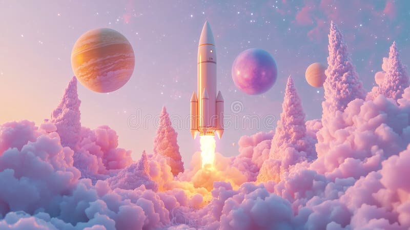 A Vibrant 3D Scene Featuring a Rocket, Planets Stock Image - Image of ...