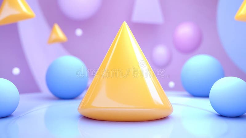 A Vibrant 3D Scene Featuring a Yellow Cone among Blue Spheres and Soft ...