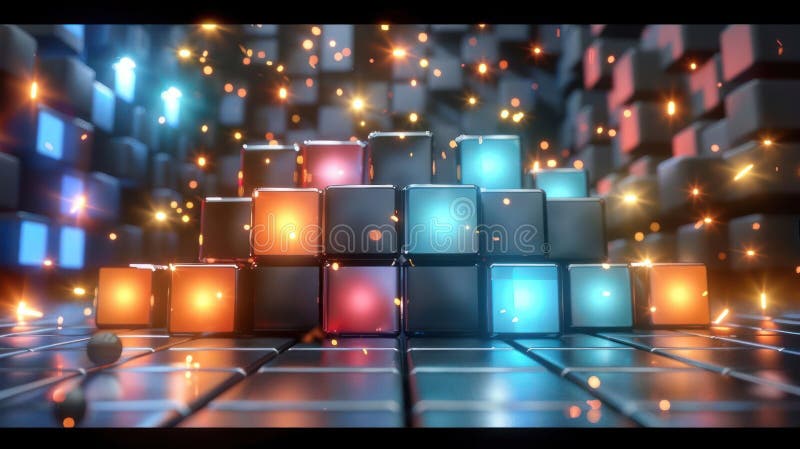 A Vibrant 3D Scene of Illuminated Cubes Arranged in a Pyramid with ...