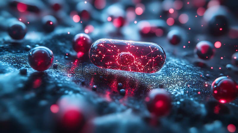 Vibrant 3D Visualization of Capsule Surrounded by Glowing Red Molecules ...