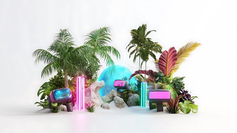 Vibrant 3D VR Gaming Scene Featuring Glowing Objects, Tropical Plants ...