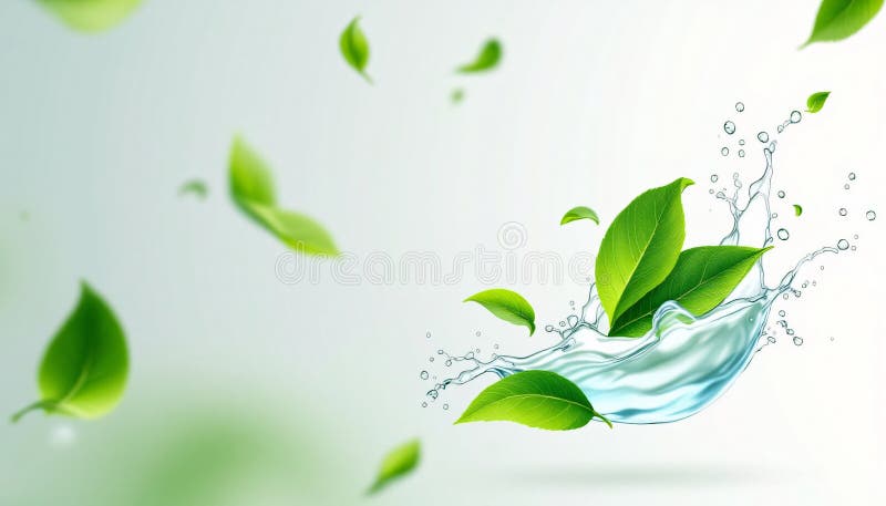 Vibrant 3D Water Splash with Green Tea Leaves in Stylized Design Stock ...