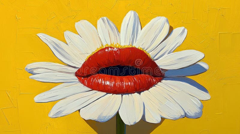 A Vibrant Daisy with Bold Red Lips at Its Center, Set Against Bright ...