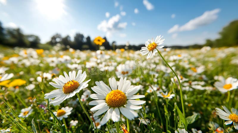Vibrant Daisy Field Blooming Under Clear Blue Sky Springtime Stock ...