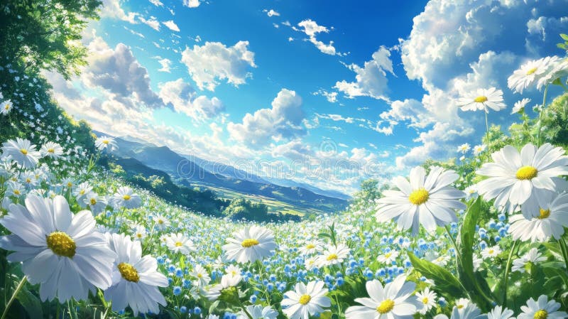 Vibrant Daisy Field Under a Sunny Sky Stock Illustration - Illustration ...