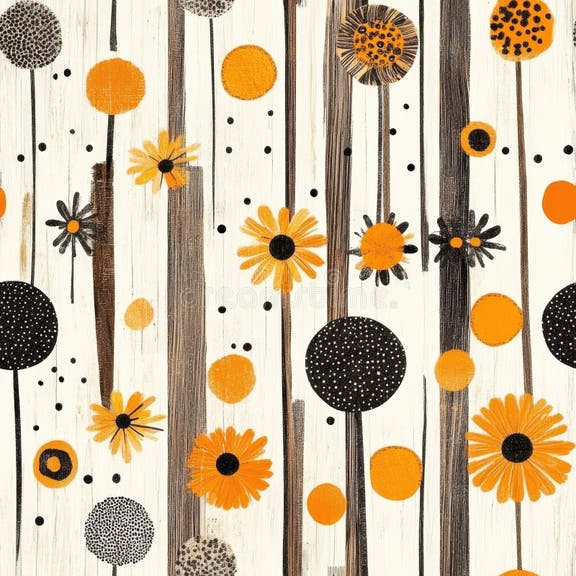 Vibrant Daisy and Polka Dot Pattern on Wood Texture Background Stock ...