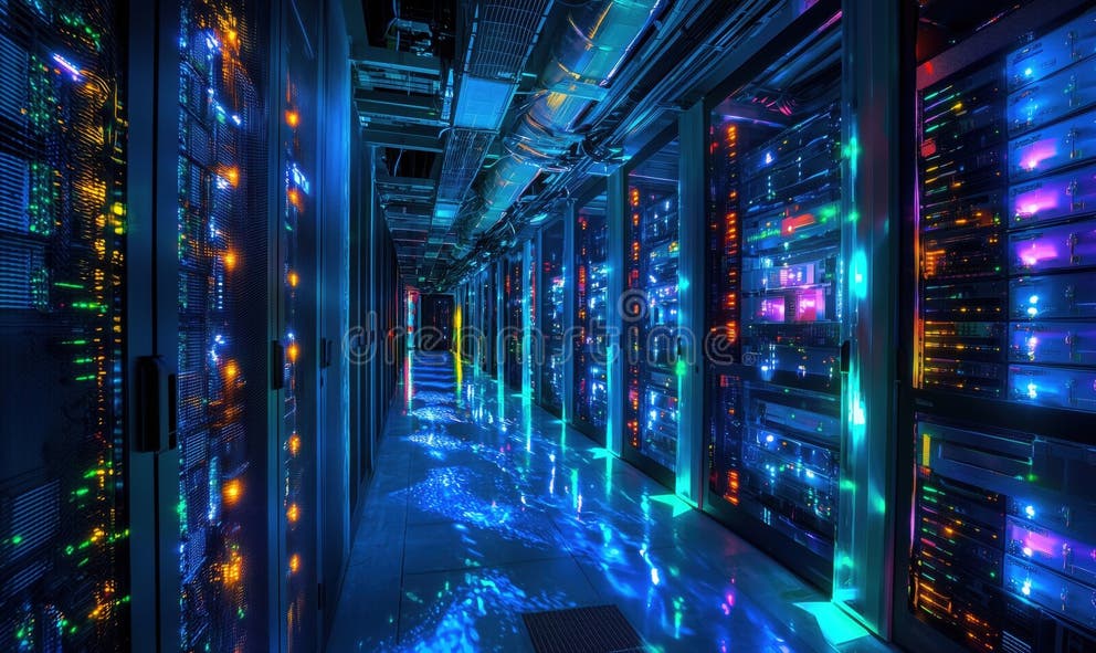 Vibrant Data Center Corridor with Colorful Server Racks and Illuminated ...