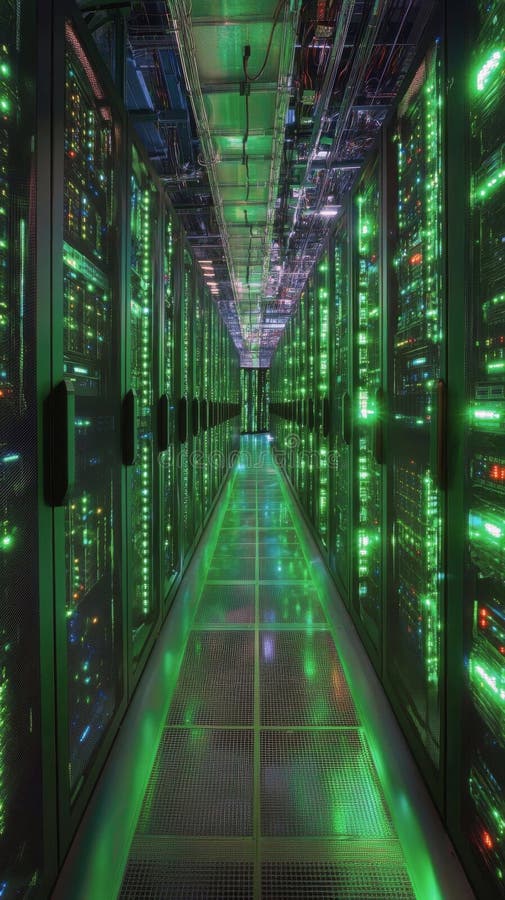 A Vibrant Data Center Corridor Filled with Illuminated Server Racks ...