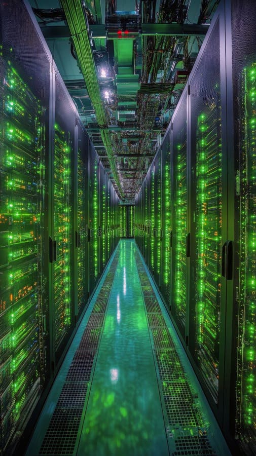 A Vibrant Data Center Corridor Filled with Illuminated Server Racks ...