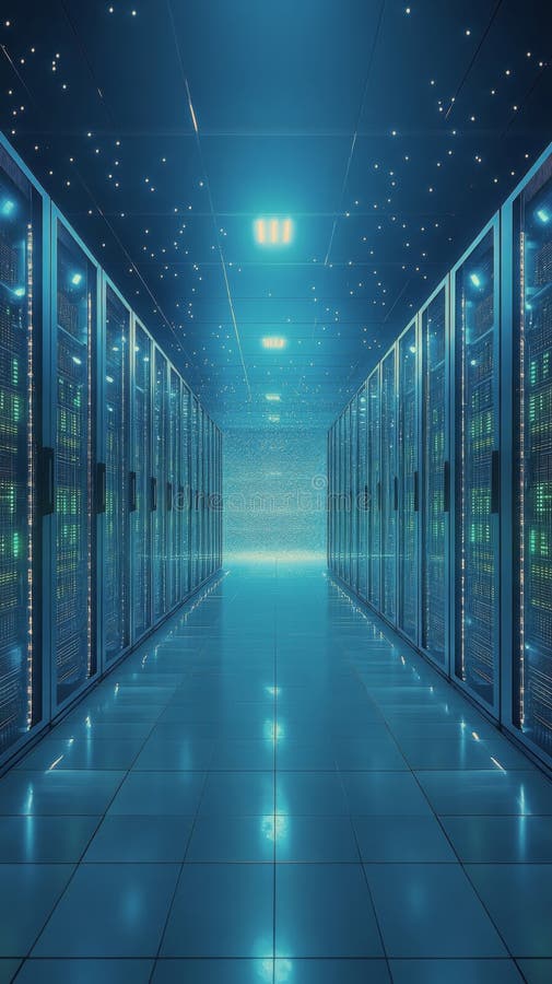 A Vibrant Data Center Corridor Filled with Illuminated Server Racks ...