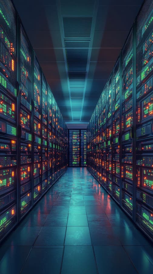 A Vibrant Data Center Corridor Filled with Illuminated Server Racks ...
