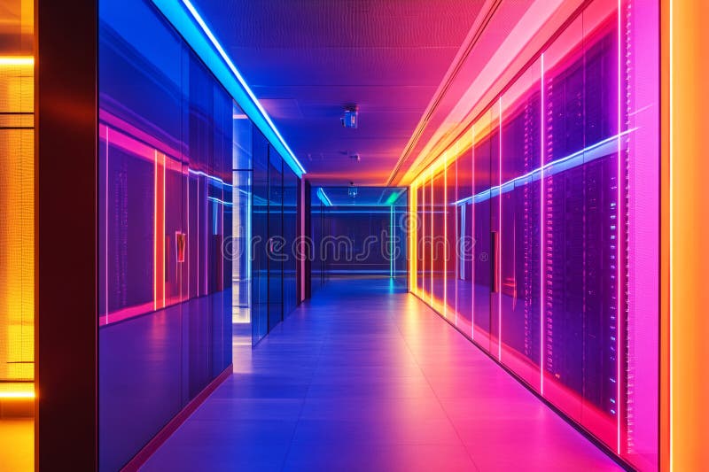 A Vibrant Data Center Corridor with Glowing LED Lights and Rows of ...