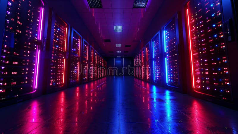 Vibrant Data Center Corridor with Neon Lights in a Modern Facility at ...