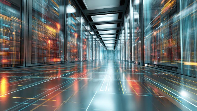 Vibrant Data Center Corridor Showcasing Glowing Servers and Reflective ...