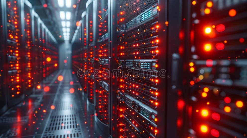 Vibrant Data Center with Illuminated Server Racks Operating Under Dim ...