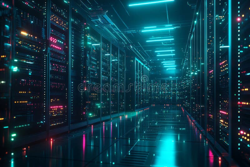 A Vibrant Data Center Shines with Neon Lights. Rows of Servers Reflect ...