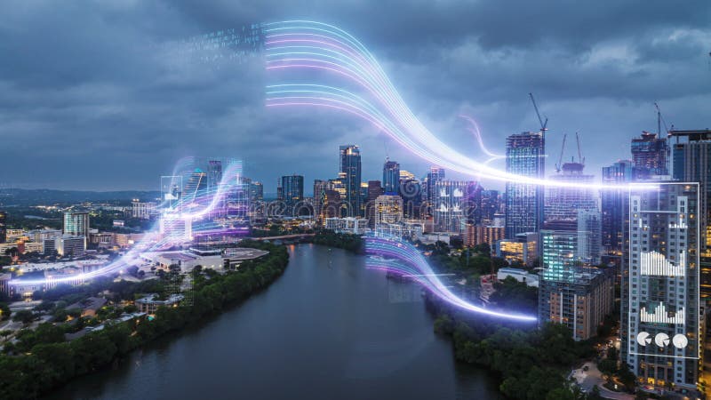 Vibrant Data Visuals Blend with the Futuristic Modern City Skyline ...