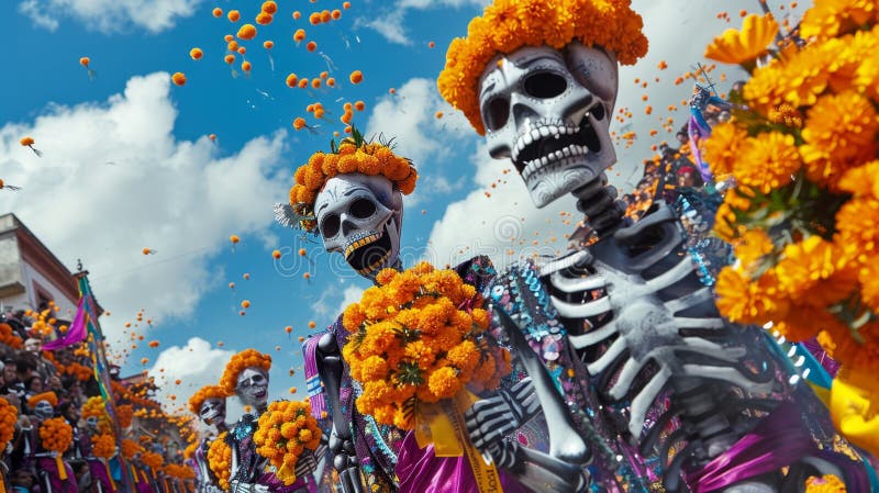 Vibrant Day of the Dead Celebration with Skeleton Costumes and ...