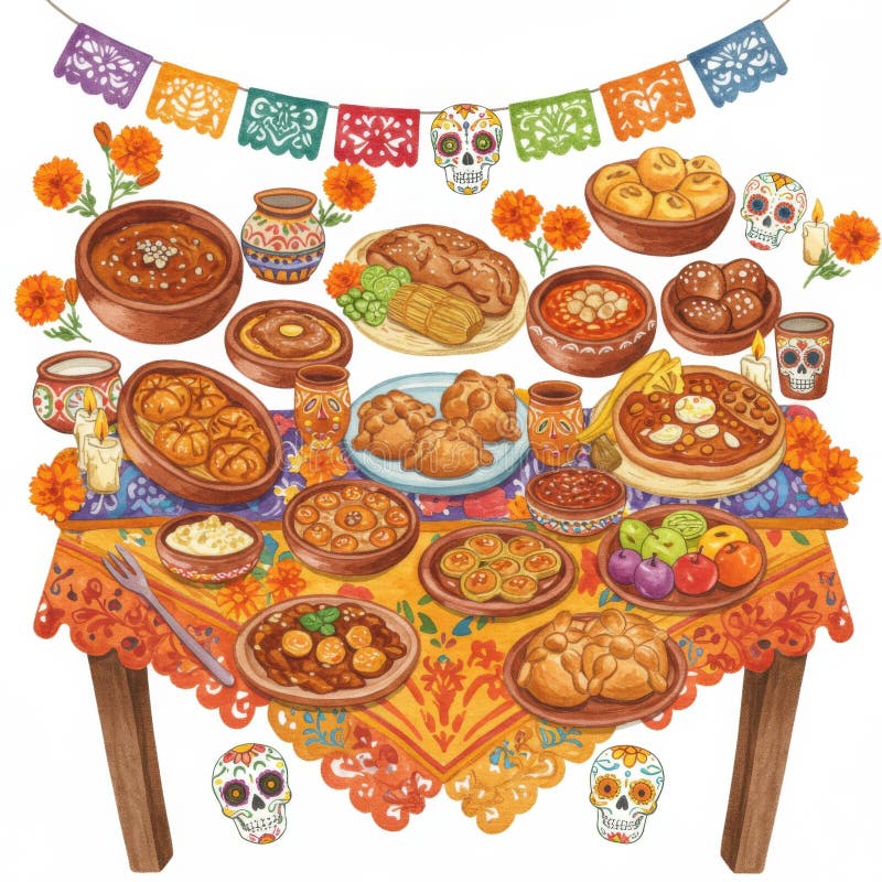 Vibrant Day of the Dead Feast Table Stock Illustration - Illustration ...