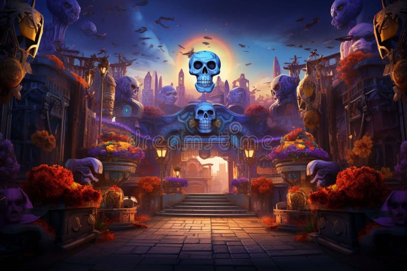 Vibrant Day of the Dead Mural Depicting Scenes Stock Illustration ...