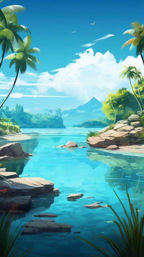 Vibrant Daytime Lagoon Scene in Rough-edged 2d Animation Style Stock ... Vibrant Daytime Lagoon Scene in Rough-edged 2d Animation Style Stock ...