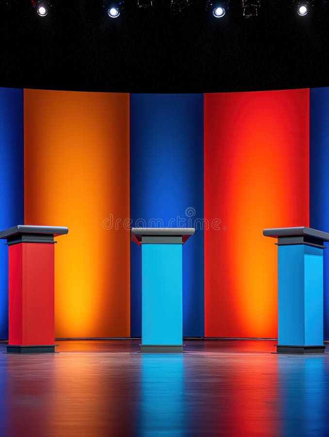 Vibrant Debate Stage Featuring Colorful Podiums and Dramatic Lighting ...