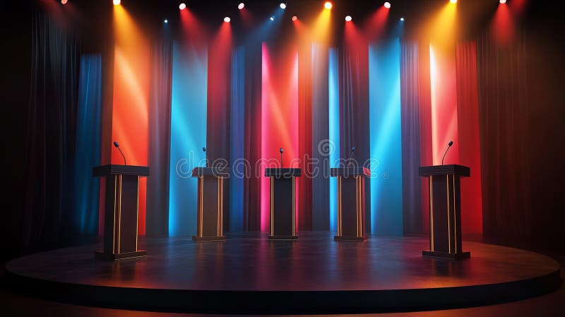 A Vibrant Debate Stage with Podiums, Microphones, and a Banner Stock ...